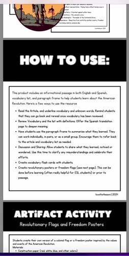 Summarizing; The American Revolution, ESL, English & Spanish Passage ...