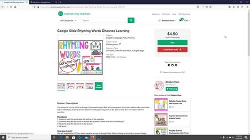 Rhyming Words for Google Slides Distance Learning by Kinders Hero