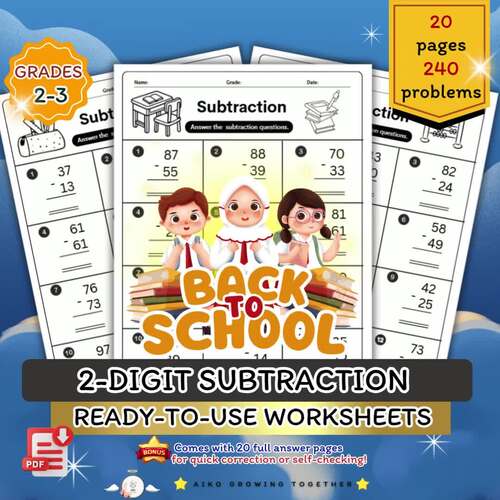 Back to School 2-Digit Subtraction Worksheets Mixed Borrowing Practice