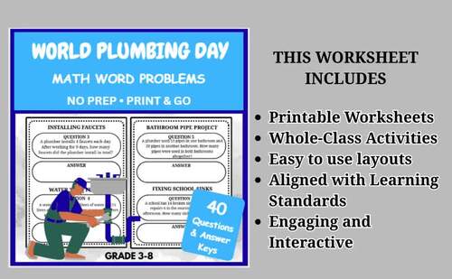 World Plumbing Day Math Word Problems | March Math Activity | Grades 3-8