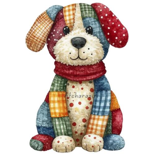 Patchwork Dog Plush Toy Clipart – 10 PNG Files with Transparent Backgrounds