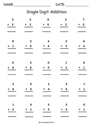 Addition Worksheets, Single Digits Addition Practice, Kindergarten Math ...