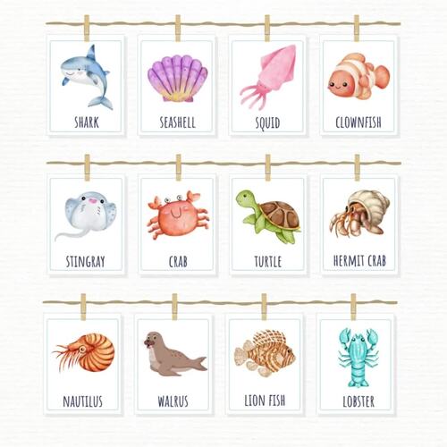 Ocean Animals Poster and Flash Cards | Kids Printable PDF Learning Set