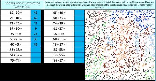 Adding and Subtracting Within 100 Pixel Art by Pick Up and Go Resources