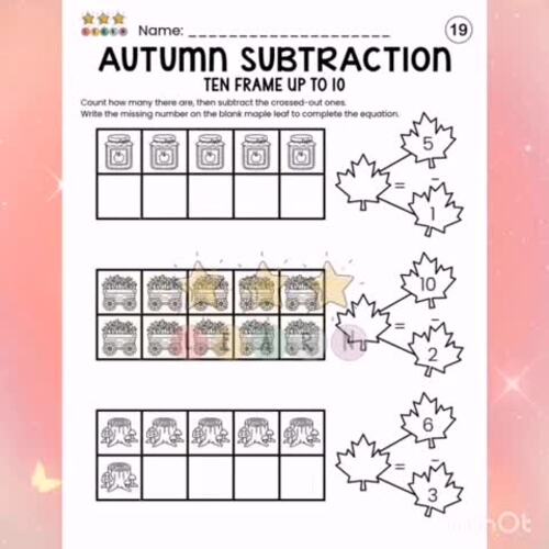 Autumn Subtraction Worksheets | Fun Ten Frame Math for Kindergarten