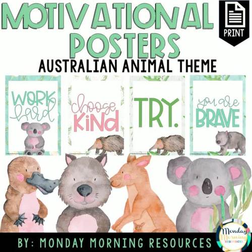 Motivational Australian Animal Theme Classroom Posters 3rd Grade -6th Grade