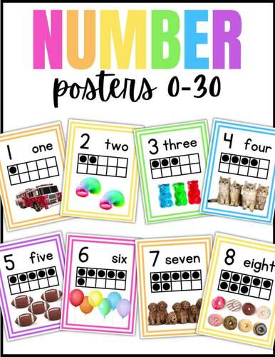 Colorful Number Posters 0-30 with Real Photos / Classroom Decor | TPT