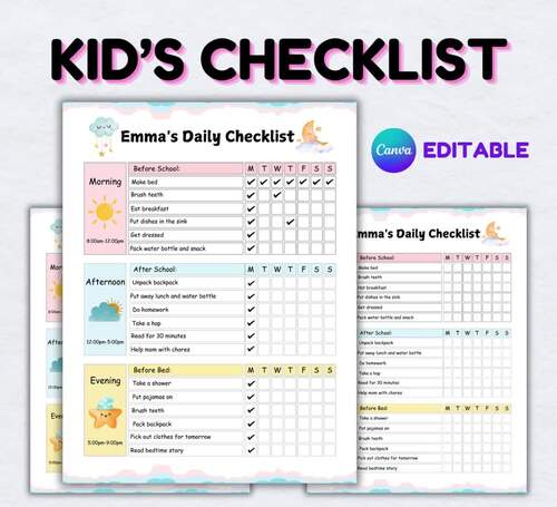 Daily Checklist, Editable Daily Planner, Daily School Checklist Printable