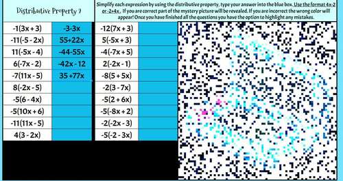 Distributive Property Math Pixel Art | Integers | Algebraic Expressions