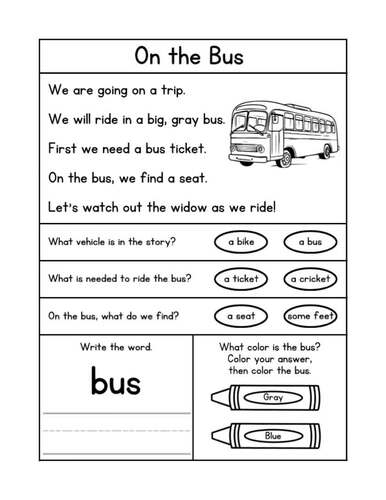 VEHICLE Reading Comprehension Passages and Questions Kindergarten First ...