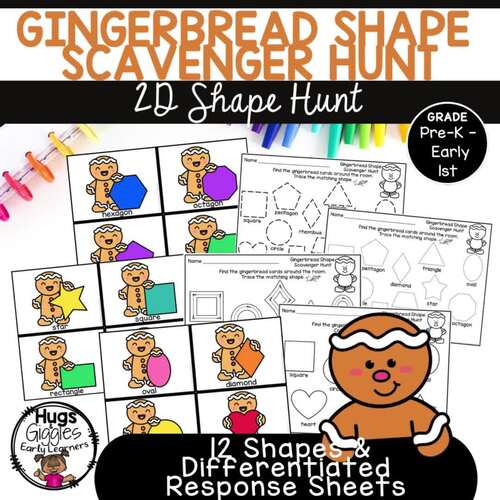Gingerbread Shape Scavenger Hunt | Christmas Math Center Pre-K - 1st