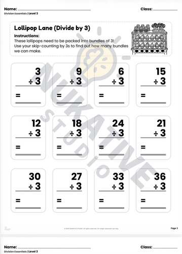 Division Facts 3, 4 Worksheets | No Prep Math Practice Gr 2-3 (L3)