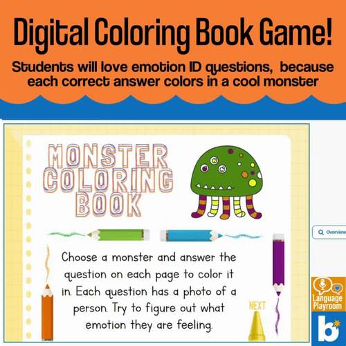Identifying Emotions with Photos Monster Coloring Book BOOM CARDS Game