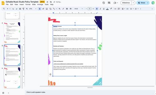Editable Music Studio Policy Template - Digital Printable on Google Slides