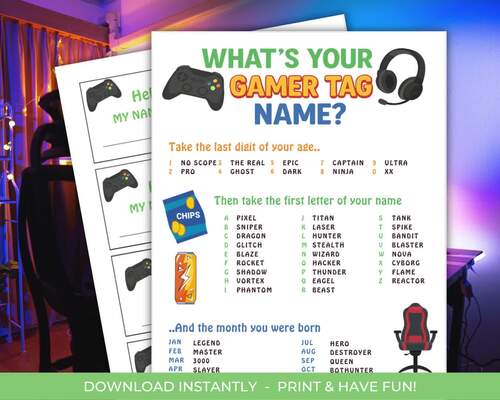 Gamer Tag Name Game & Printable Name Tags, Gaming Birthday Party Activity