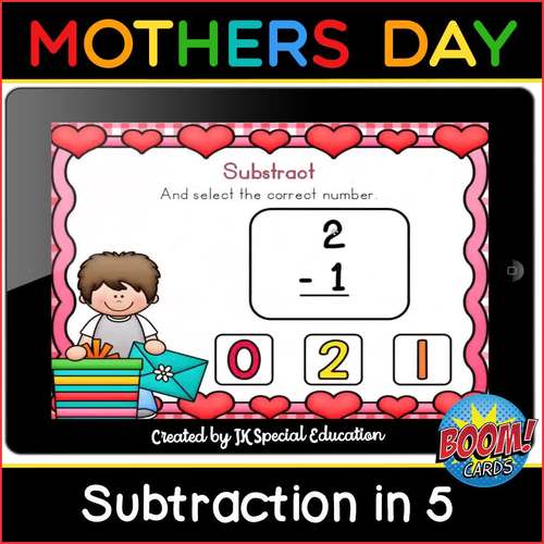 Mother's Day Boom cards | Subtraction within 5 preschool math activity