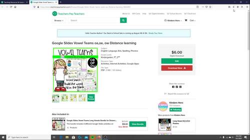 Vowel Teams oa,oe, ow for Google Slides Distance learning by Kinders Hero