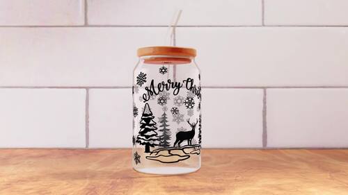 Merry Christmas Winter Scene with Deer 16oz Glass Can Wrap SVG PNG DXF.
