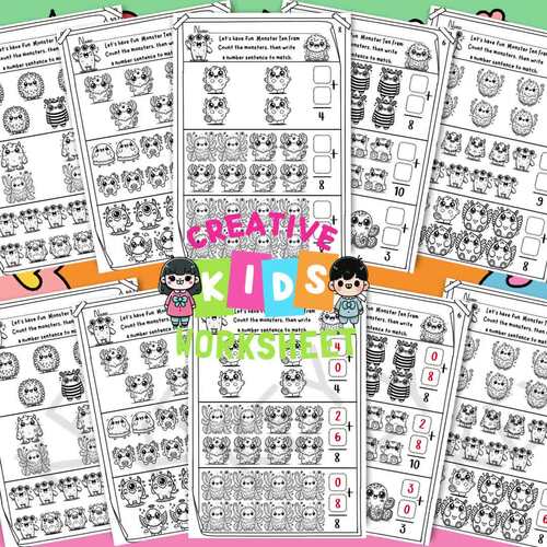 Addition Monsters within 10 Math, Count the Monsters and Write the Numbers