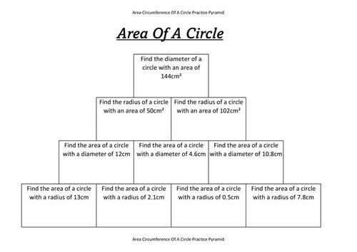 Area and Circumference of a Circle Maths Practice Pyramid Worksheets