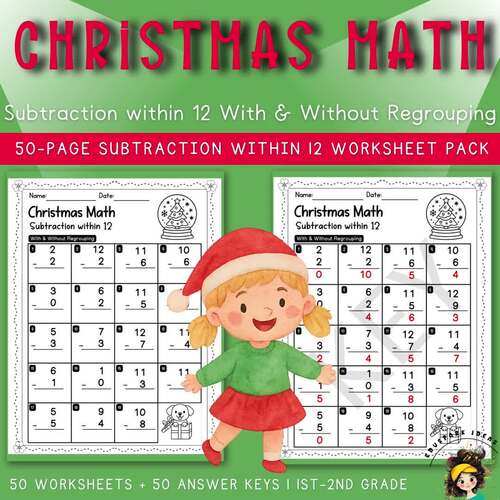 Christmas Math Subtraction within 12 Worksheets | With & Without ...