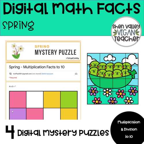 4 Mystery Puzzles Digital Math Facts SPRING Multiplication & Division to 10