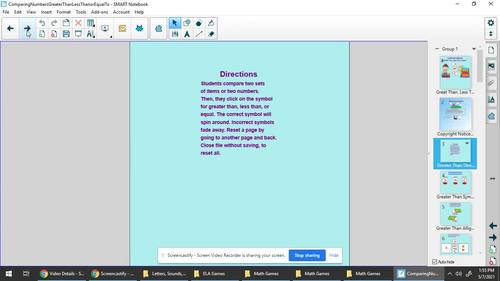 Comparing Numbers (Greater Than, Less Than, or Equal To) Smart Board ...