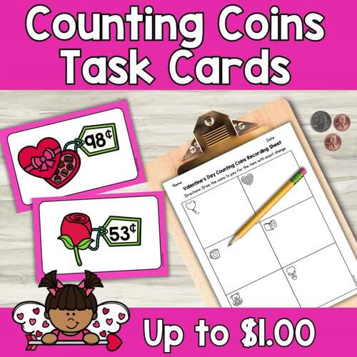 Valentine's Day Counting Coins Money up to $1.00 Task Cards | Small ...