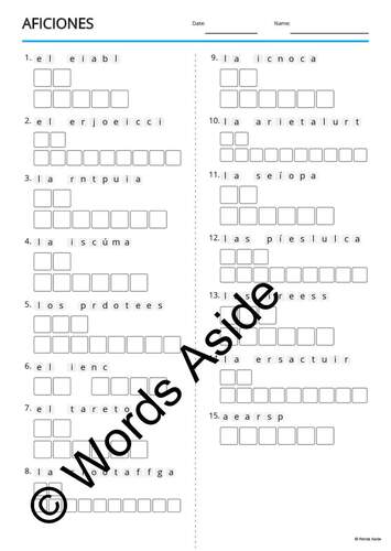 Spanish Word Games Copy Crossword Word Search Anagram HOBBIES by Words ...