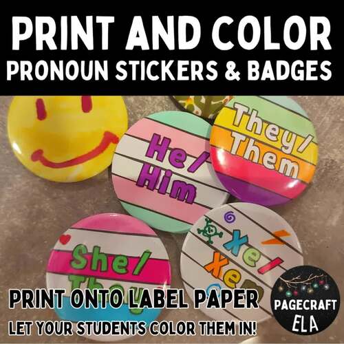 Pronoun Coloring Stickers and Badge Templates | Mindful Printable Labels
