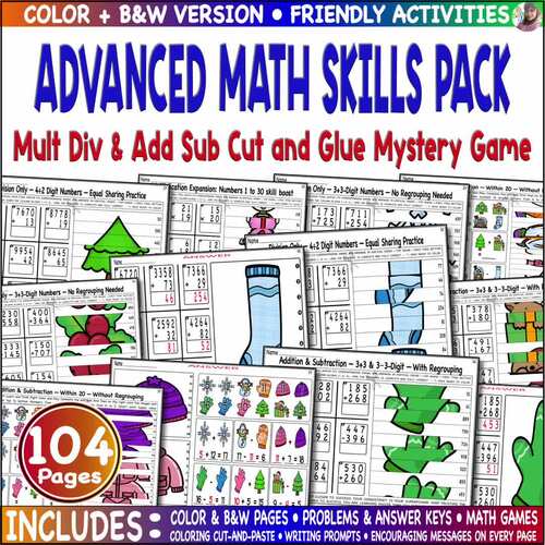Advanced Math Skills Pack | Mult Div & Add Sub Cut and Glue Mystery Picture