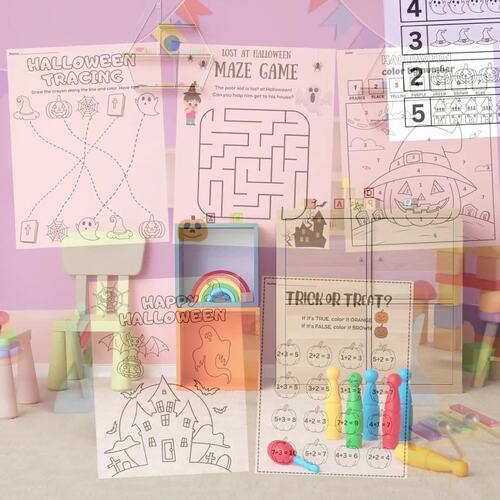 Halloween Activity Worksheet for Kindergarten, Math, Trace Line, Coloring