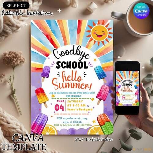 Goodbye School, Hello Summer, Editable End-of-Year Party Invitation ...