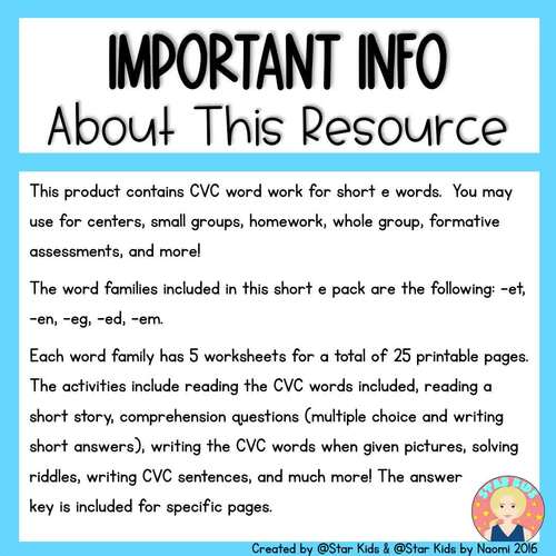 CVC Word Work | SHORT E by Star Kids | TPT