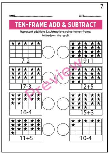 Addition and Subtraction Practice within 20 Kindergarten Ten Frames