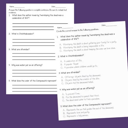 Día de los Muertos- Day of the Dead Nonfiction Reading Comprehension ...