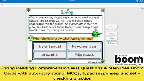Spring Reading Comprehension WH Questions & Main Idea Digital Boom Cards