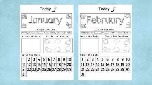 12 Printable Preschool Calendar Worksheet Pages. Month, Day, Date ...