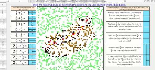 Digital Math Pixel Art 5th Grade TEKS Adding & Subtracting Fractions 5.3.H