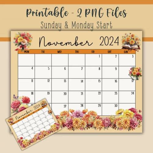 Editable November Calendar 2024, Printable Flower Fall Calendar, Google ...