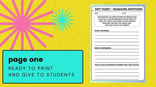 SEL Skills - Managing Emotions Reflection / Exit ticket by That'll Teach Em