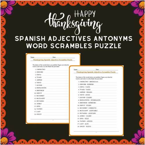Spanish Adjectives Antonyms(antónimos de adjetivos) Thanksgiving ...