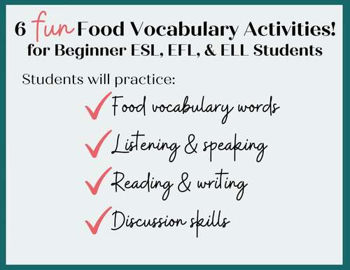 ESL Food Vocabulary Flashcards with Activities for Adults and Teen ELL ...