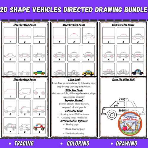 2D Shape Vehicles Directed Drawing Bundle | Step-by-Step Drawing Activities