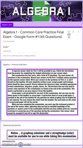 Algebra 1 - Common Core Practice Final Exam - Google Form #1 (45 Questions)
