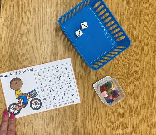 Addition to 12 Roll Add Cover Dice Game for Grade K-2 Spring Math Centers