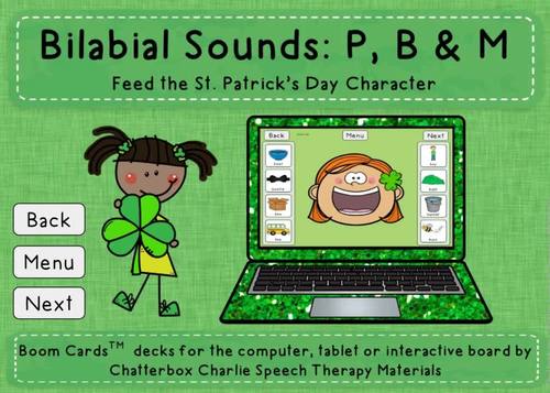 Bilabial Sounds P B and M Feed the St. Patrick's Day Character Boom Cards