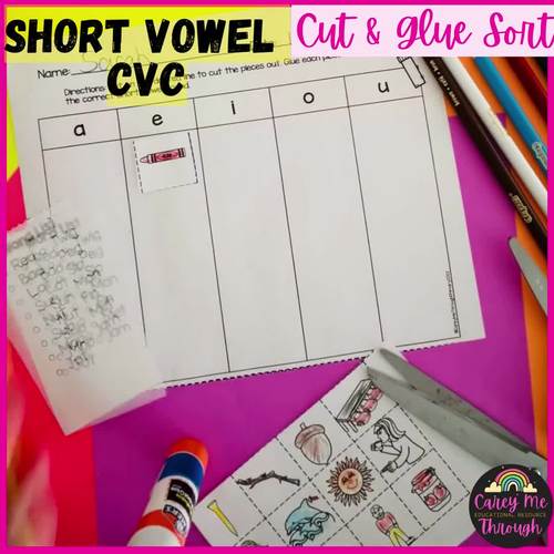 Short Vowels Word Sort Worksheets, Phonics Centers for CVC words