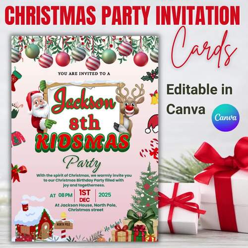 Editable Kids Christmas Birthday Invitation Template for Canva | Santa ...