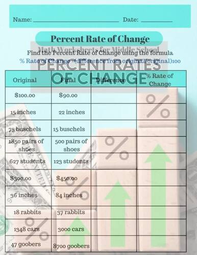 PERCENT RATES OF CHANGE - Middle School Math Financial Literacy Worksheets